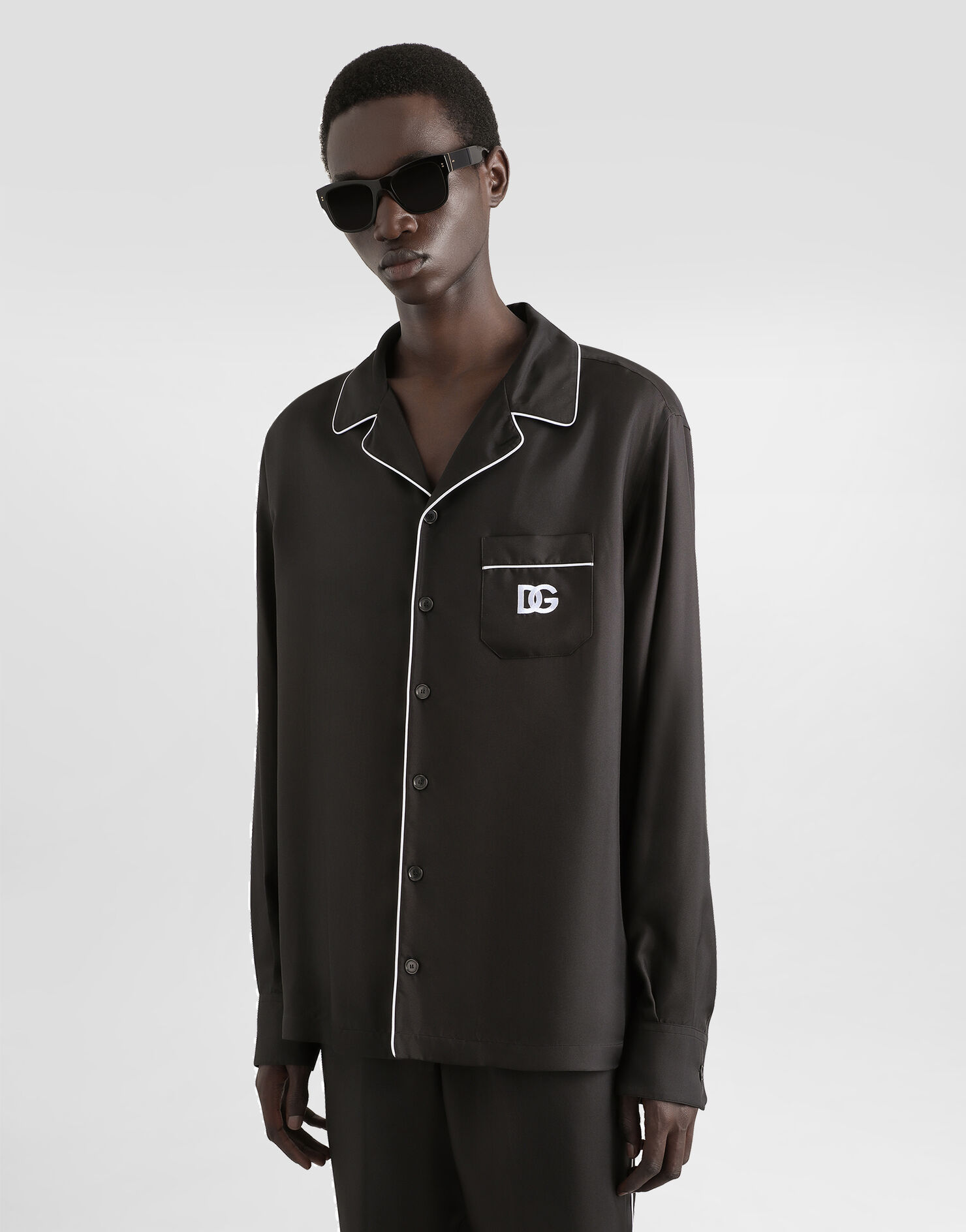 Silk shirt with DG logo-embroidered patch in Black for Men | Dolce ...