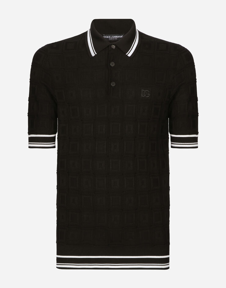 Short Sleeved Stretch Silk Polo Shirt With Dg Logo In Black For Men