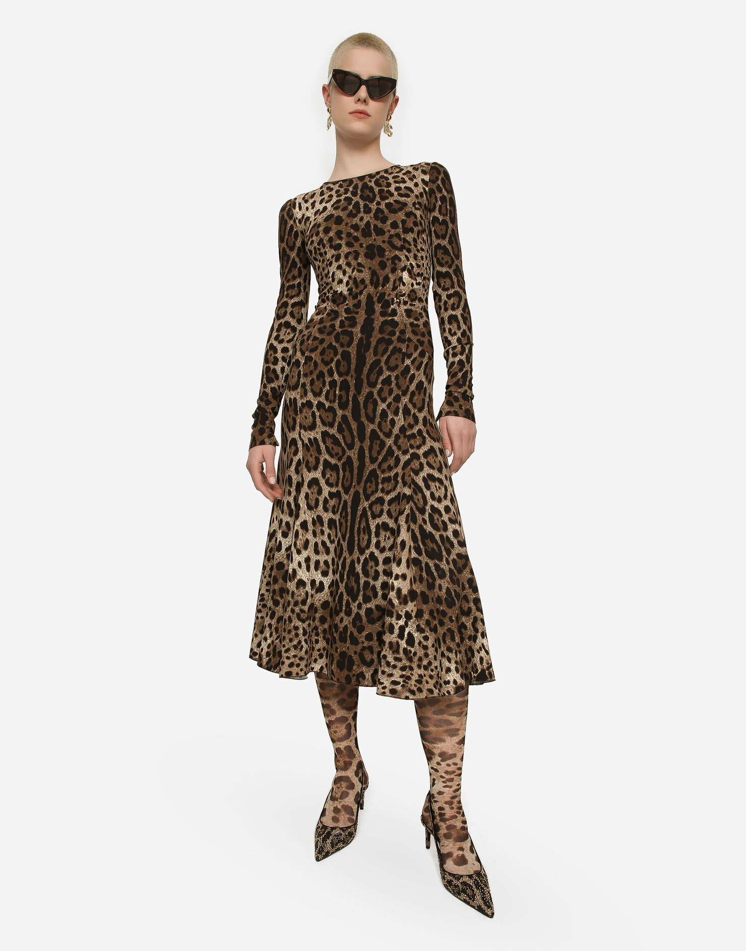 Leopard-print calf-length cady dress in Animal Print for | Dolce ...