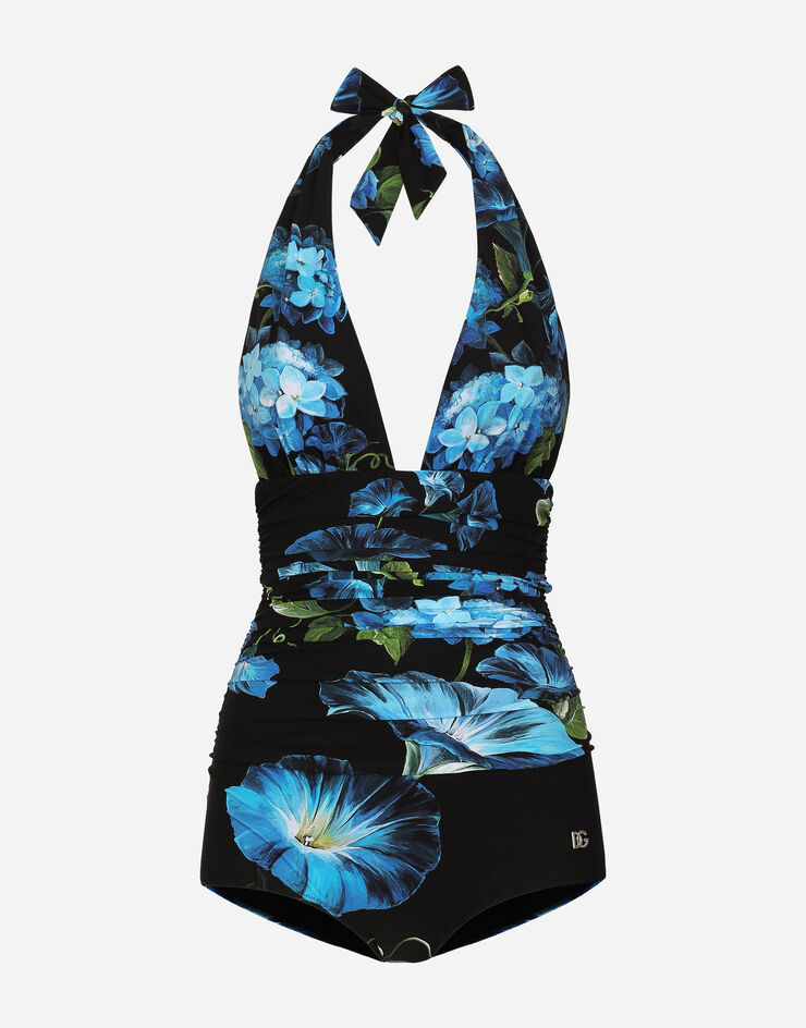 One-piece swimsuit with plunging neckline and bluebell print in Print ...