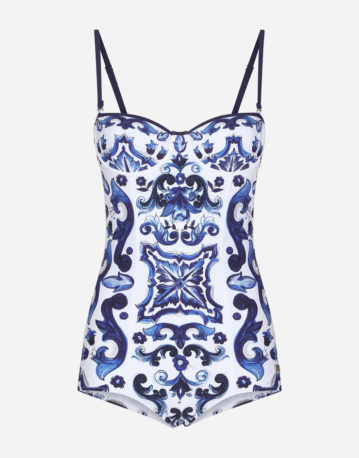 Majolica Print Balconette One Piece Swimsuit In Multicolor For Women