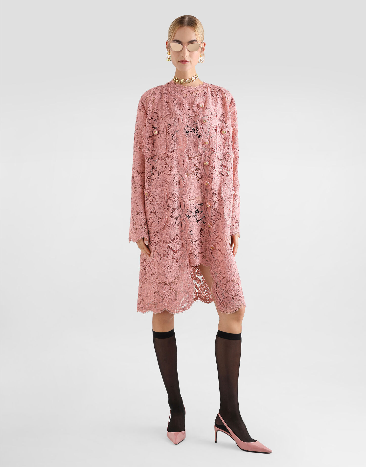 Sleeveless floral lace A-line dress with DG logo in Pink for Women ...