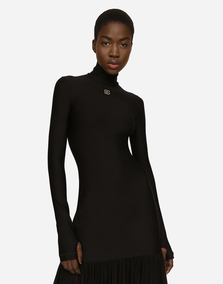 Technical Jersey Dress With Tulle Ruffle In Black For Women Dolce