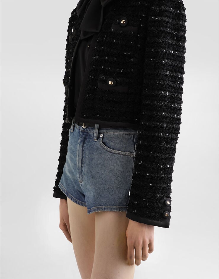 Short single-breasted tweed jacket with micro-sequin embellishment in ...