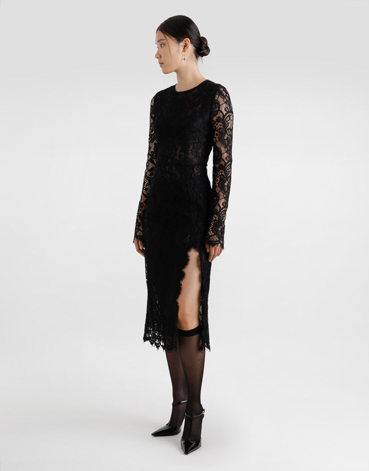 Flared calf-length floral lace dress with contrasting lining in Black ...