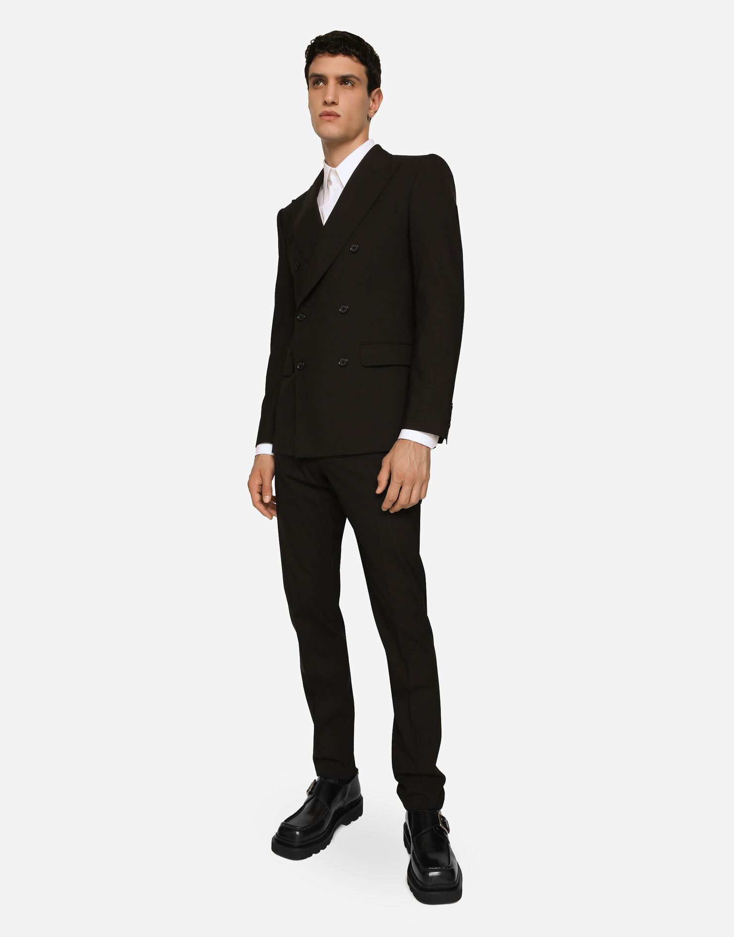 Double-breasted stretch wool Sicilia-fit suit in Black for Men | Dolce ...