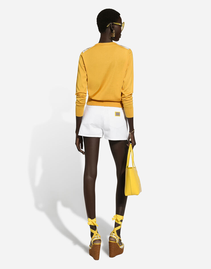 Silk sweater with majolica-print silk twill panel on the front in Print ...