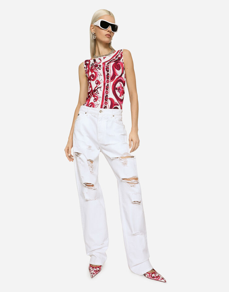 Sleeveless Organzine Top With Majolica Print In Multicolor For Women