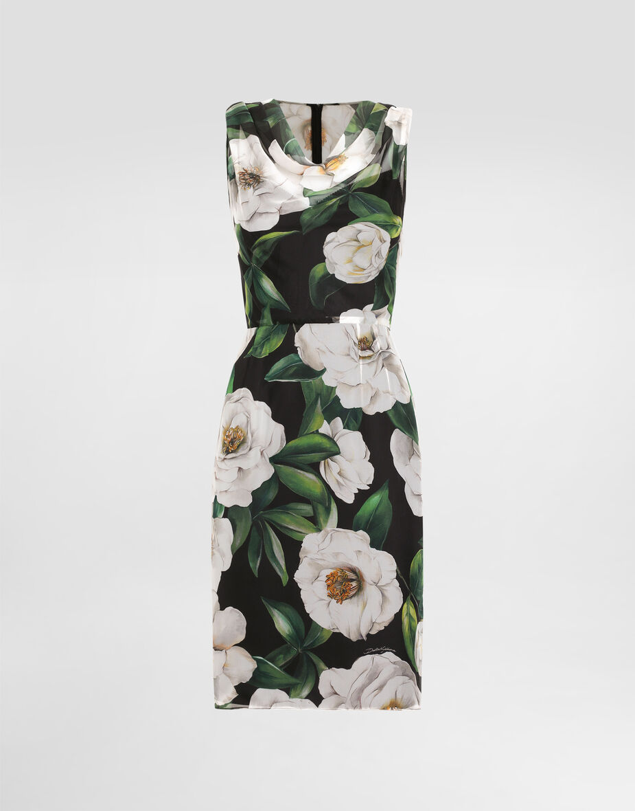 Gardenia-print chiffon midi dress in Print for Women | Dolce&Gabbana® US