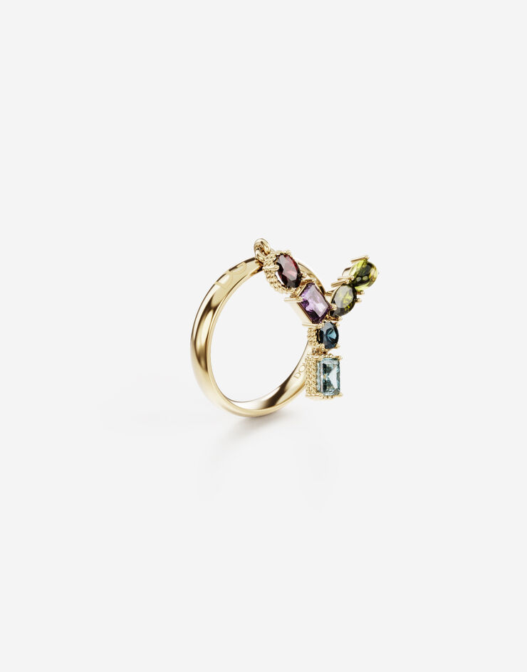 Rainbow alphabet Y ring in yellow gold with multicolor fine gems in ...