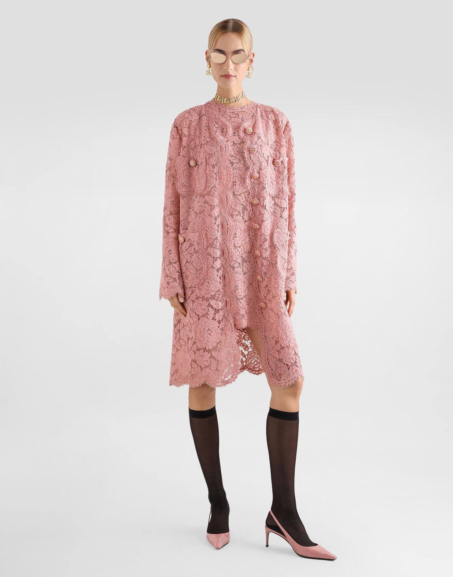 Sleeveless floral lace A-line dress with DG logo in Pink for Women | Dolce&Gabbana® US