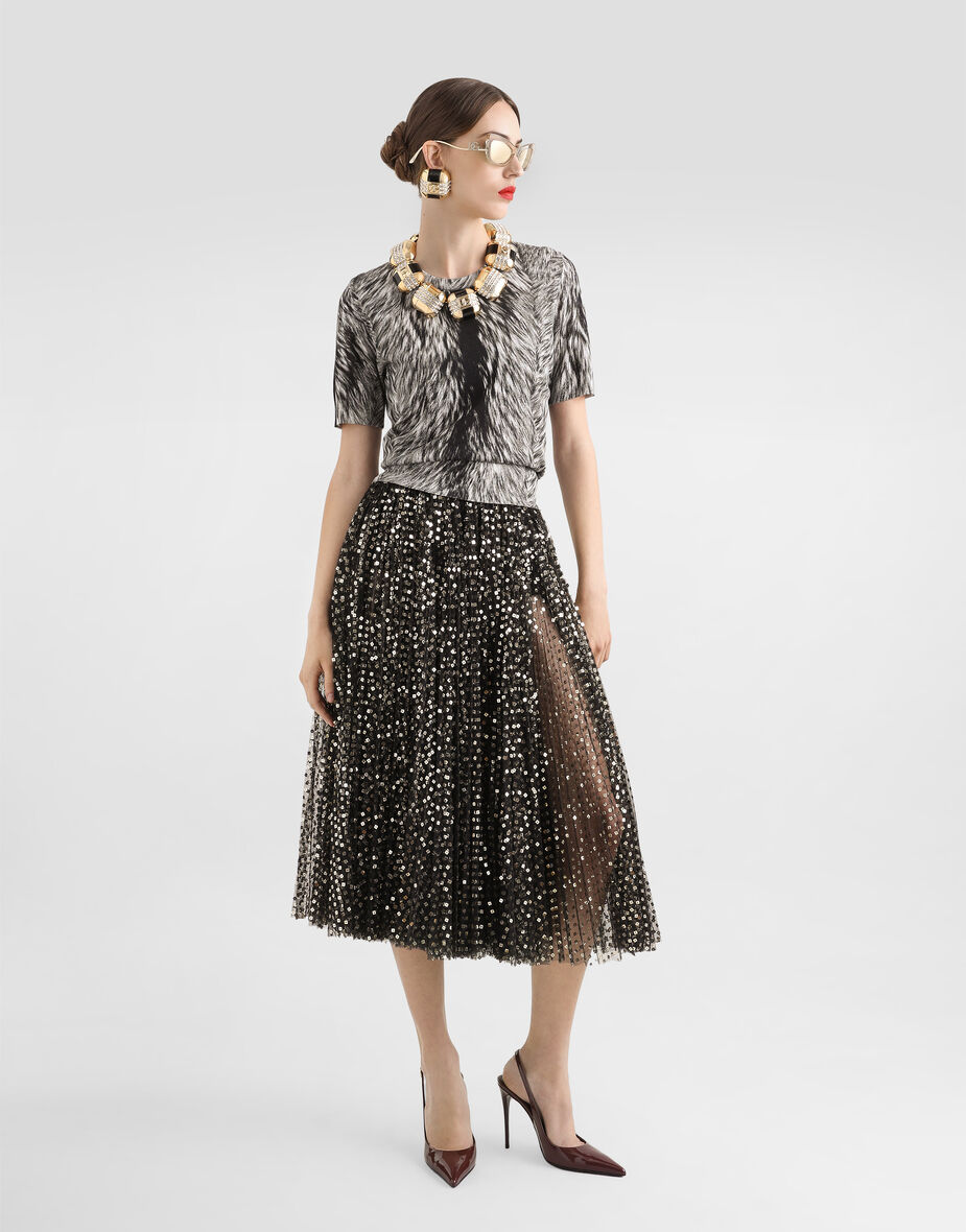 Tulle midi circle skirt with micro-sequin embroidery in Gold for Women ...