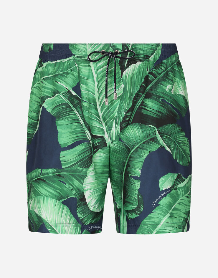 Mid-rise swim trunks with banana tree print