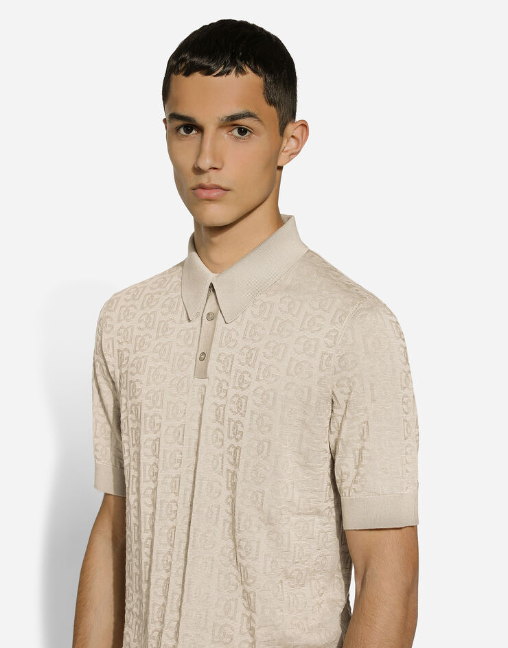 Silk Jacquard Polo Shirt With Dg Logo In Beige For Men Dolceandgabbana® Us