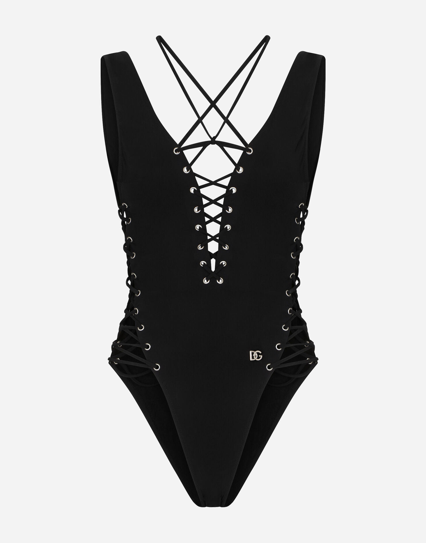 One Piece Swimsuit With Plunging Neckline And Lacing And Eyelets In