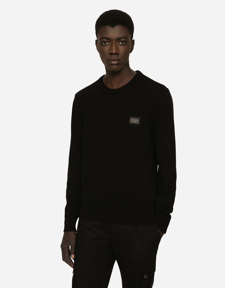 Wool round-neck sweater with branded tag in Black for Men | Dolce ...