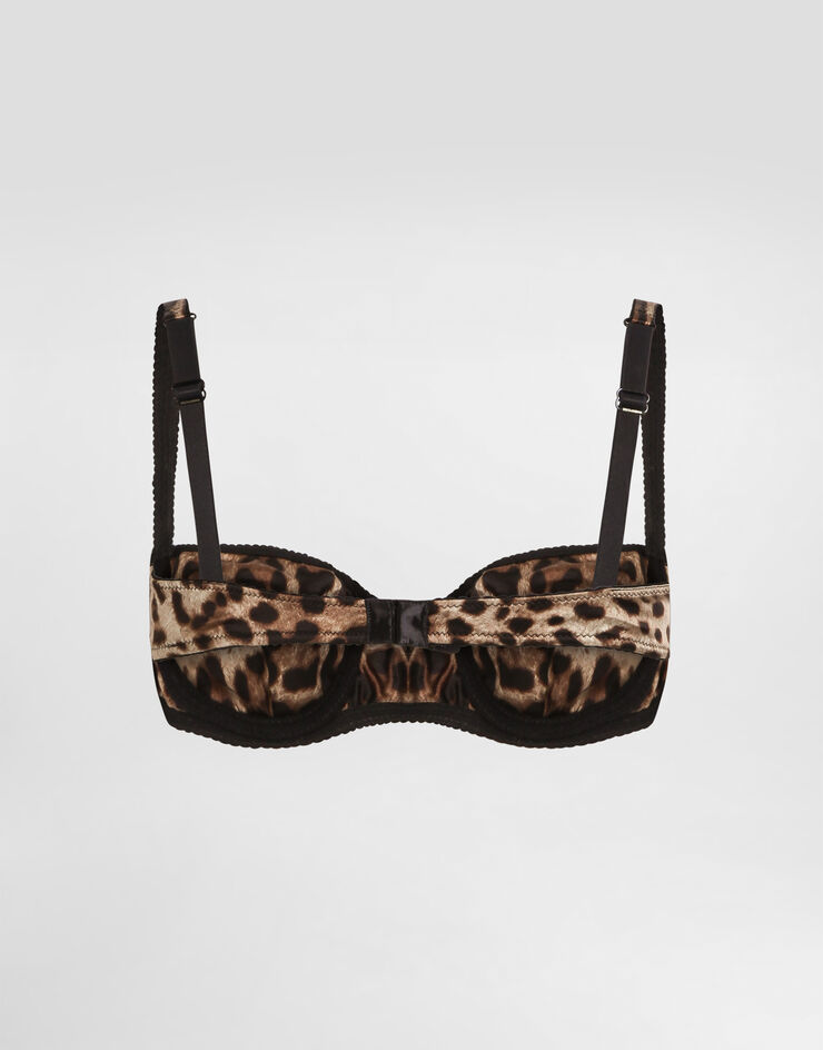 Leopard-print satin balconette bra with lace detailing in Multicolor ...