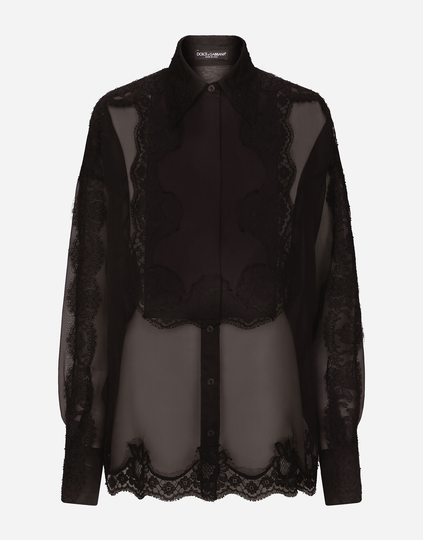 Organza tuxedo shirt with lace inserts in Black for Women | Dolce ...