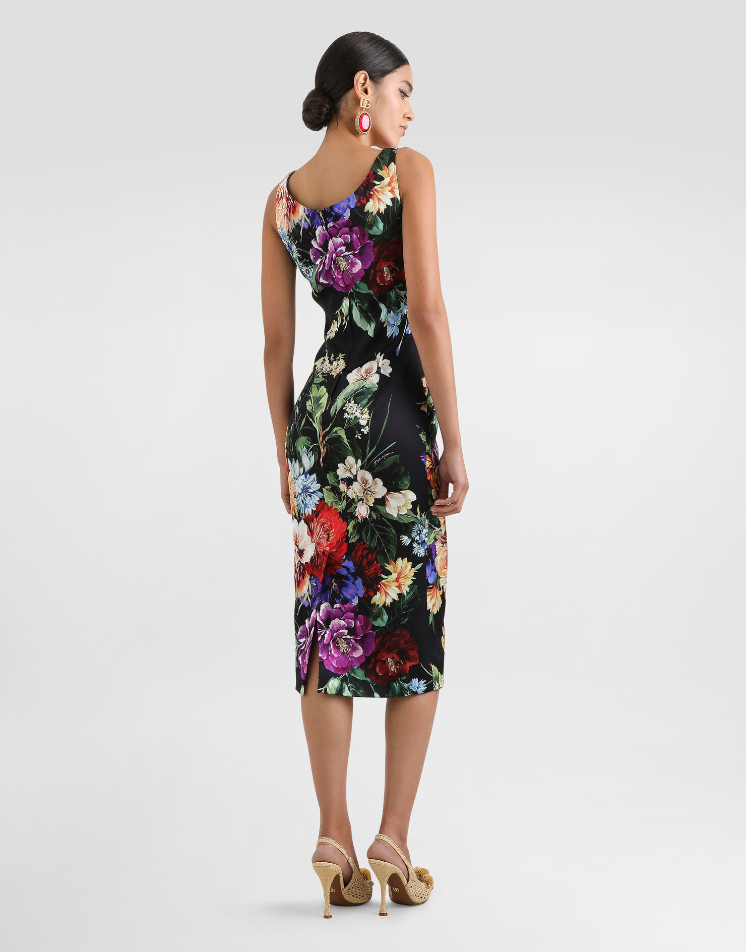 Flower-print fitted satin dress in Print for Women | Dolce&Gabbana® US