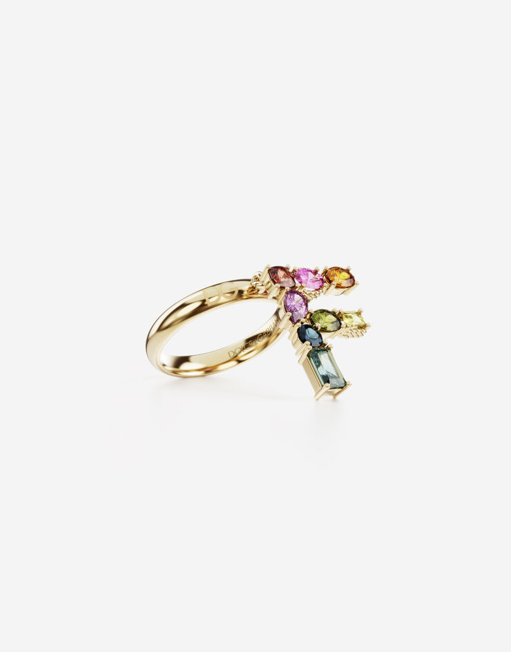 Rainbow alphabet F ring in yellow gold with multicolor fine gems in ...