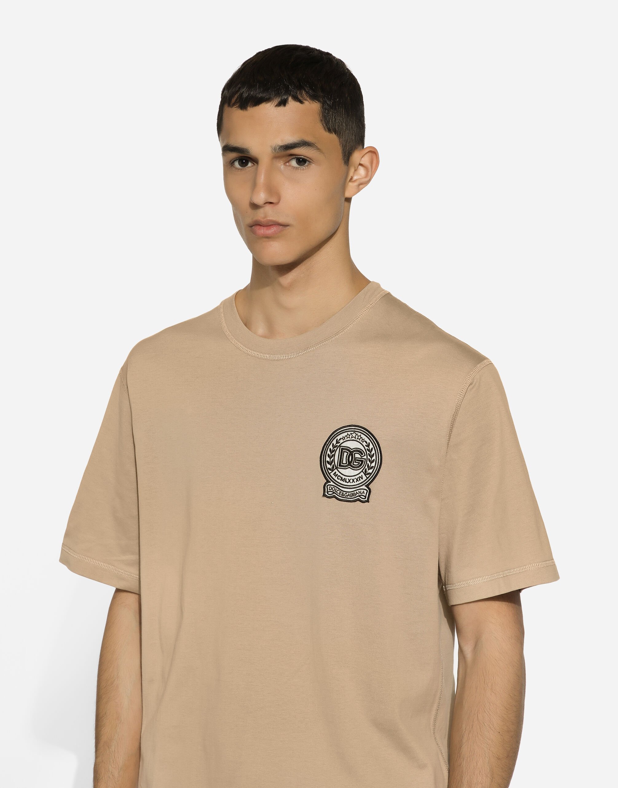 Cotton T-shirt with DG logo embroidery in Beige for Men Cotton T-shirt with DG logo embroidery in Beige for Men