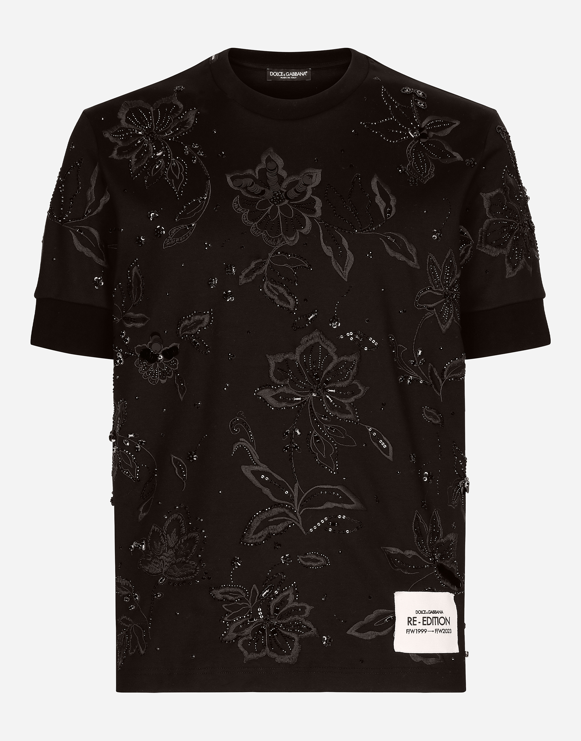 Cotton interlock T-shirt with embroidery in Black for Men | Dolce&Gabbana®
